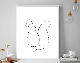 Line Drawing Two Cats - Etsy