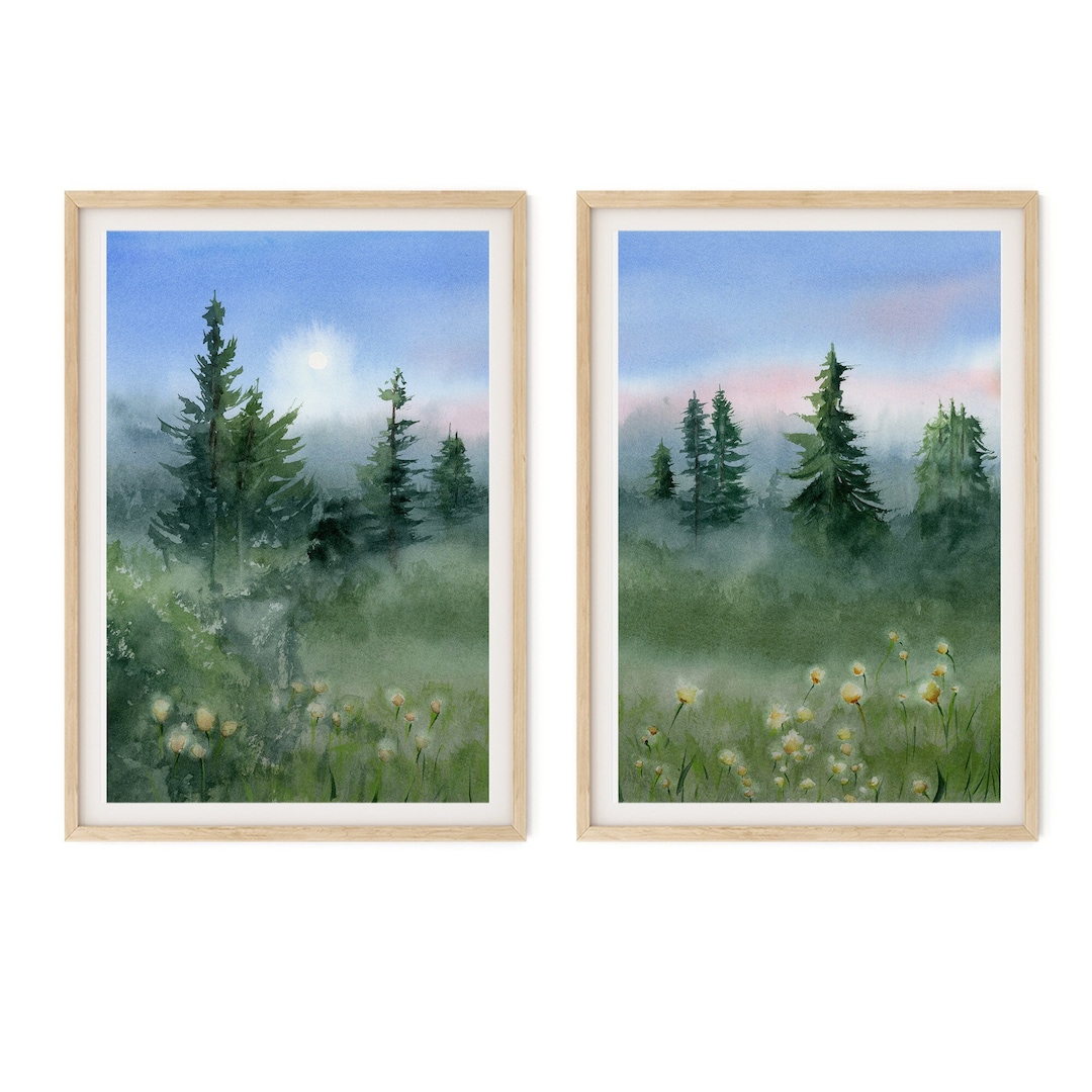 Pine Tree Forest Art Prints Set of 2 - Landscape Watercolor Paintings ...