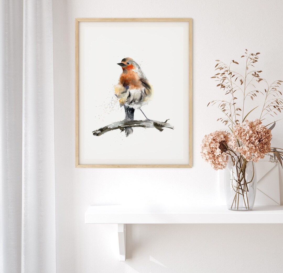 Robin Bird Art Print, Watercolor Painting Picture, European Songbird ...