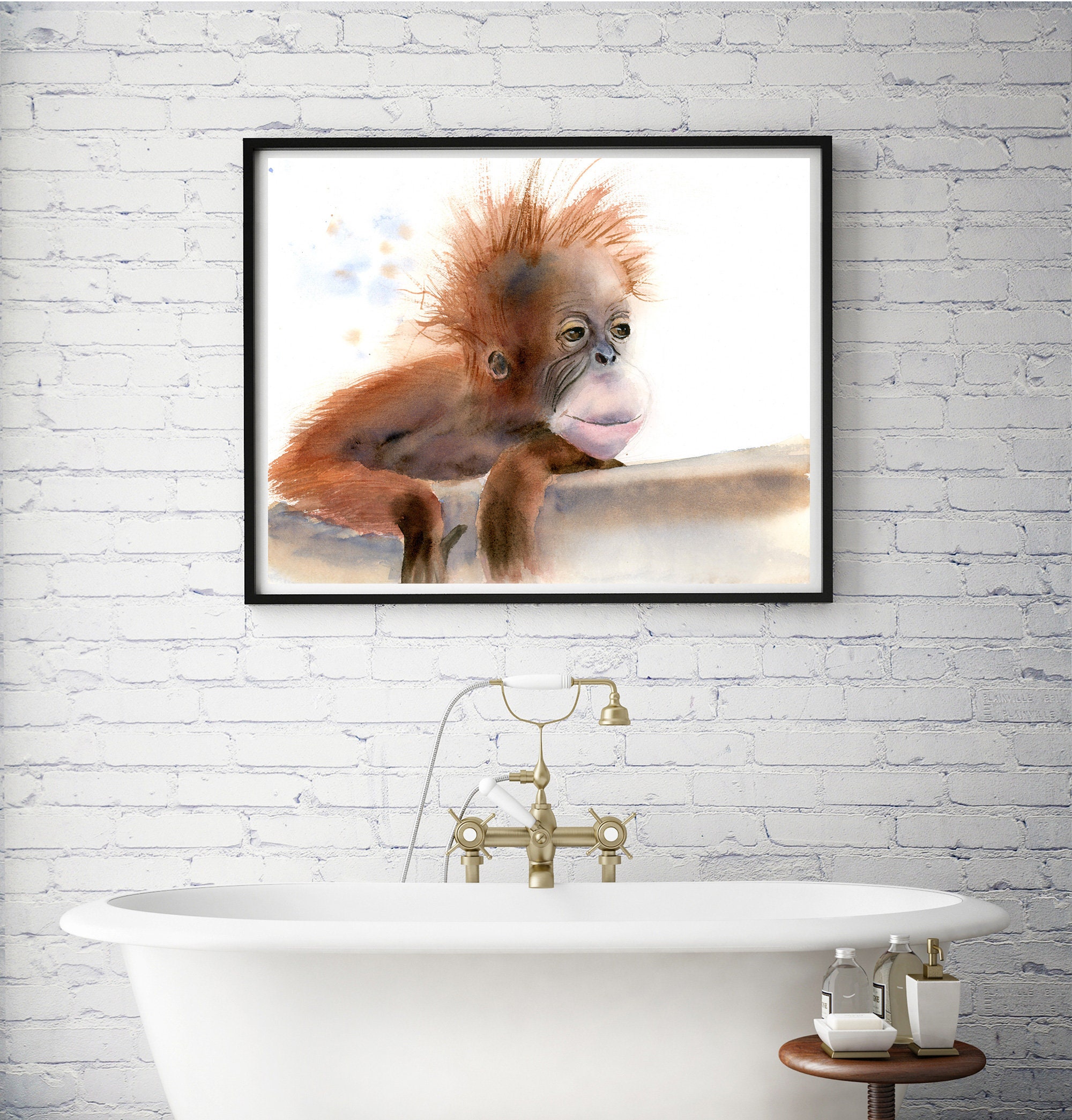 Monkey print Baby orangutan art Watercolor cub animal | Etsy
