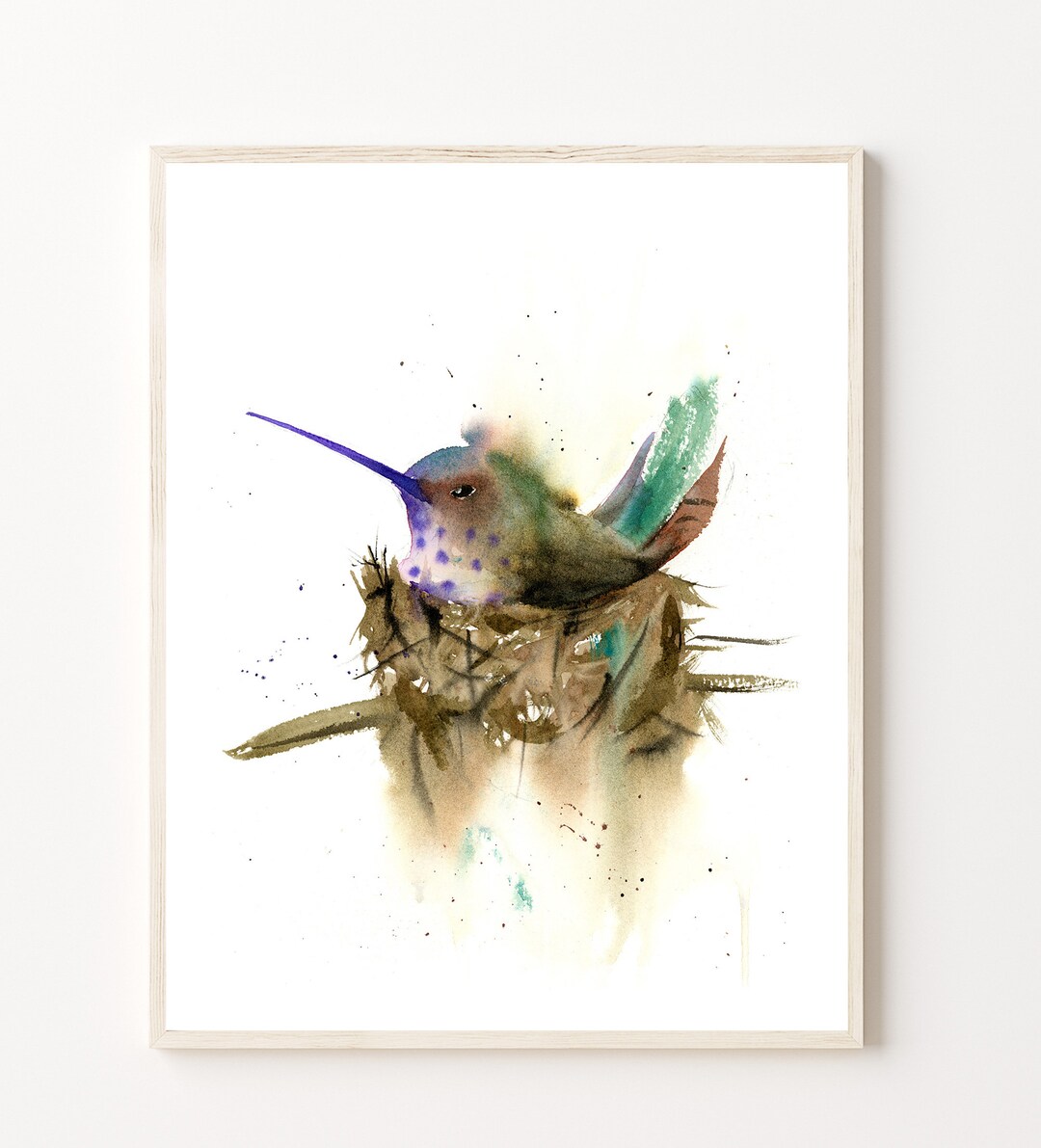 Watercolor Hummingbird Print, Bird in Nest Wall Art Decor, Little Bird ...
