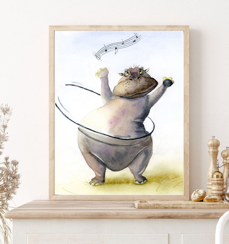 Hippo Art Print Dancing Animal Cartoon Funny Nursery - Etsy