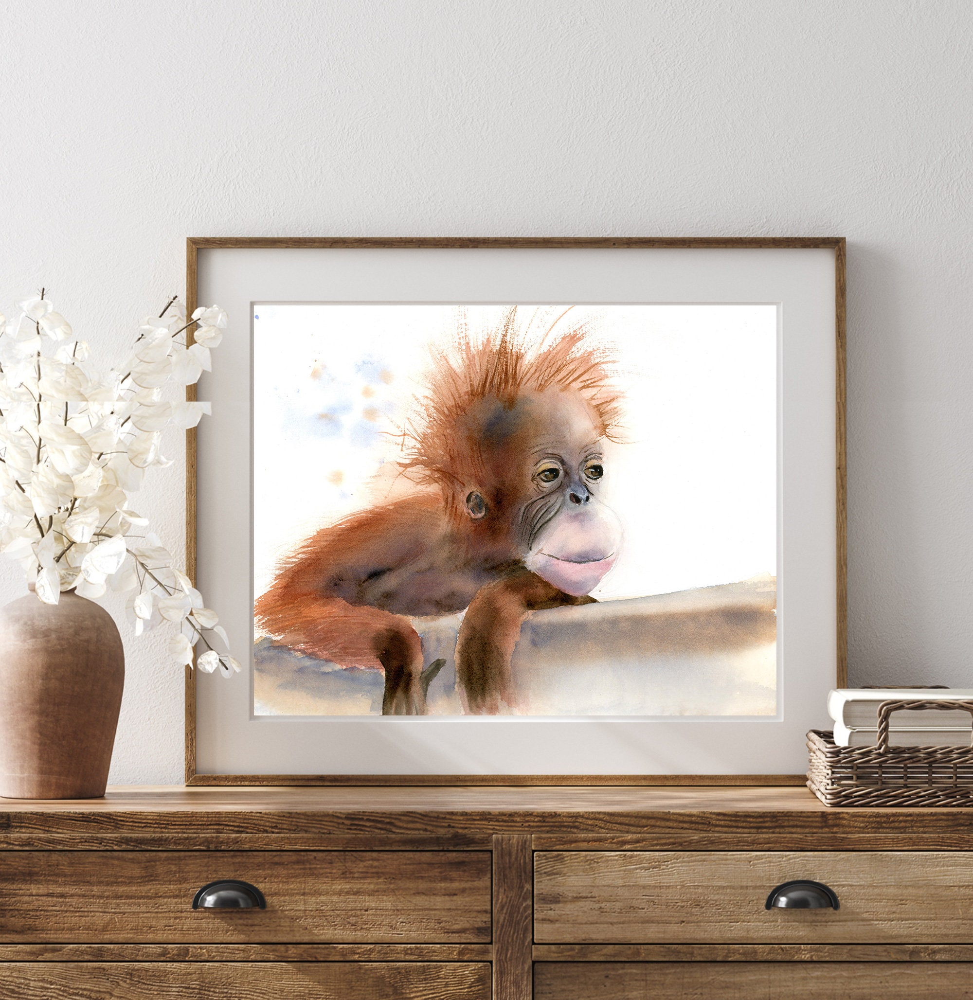 Monkey print Baby orangutan art Watercolor cub animal | Etsy