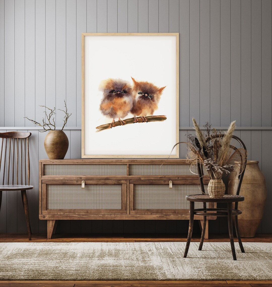 Baby Owl Art Print Wall Decor, Birds Artwork, Watercolor Painting, Two ...