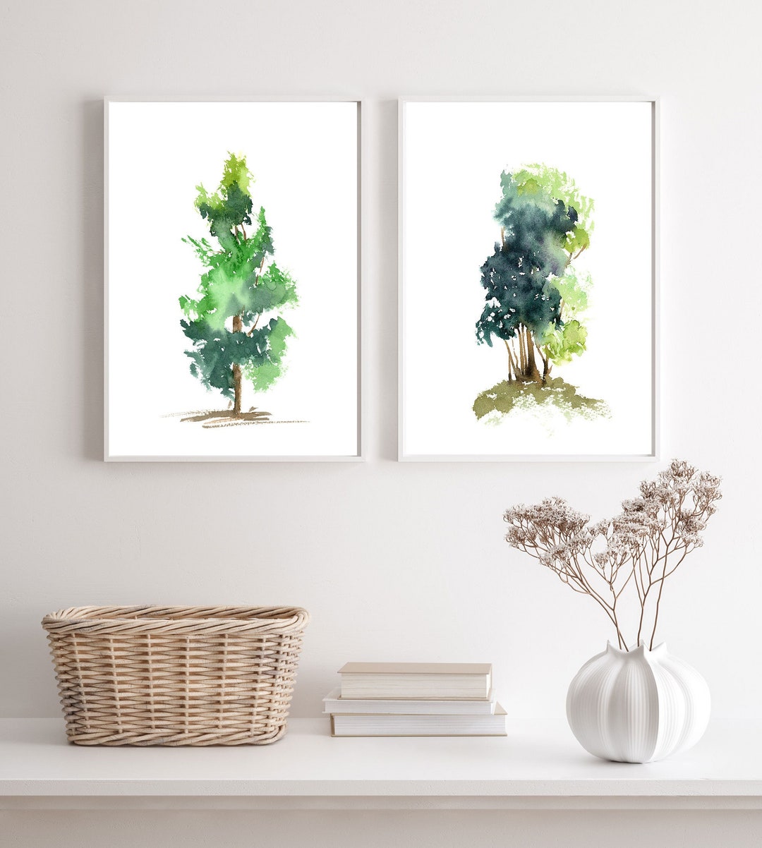 Minimalist Tree Prints Set of 2 Watercolor Green Forest Paintings ...