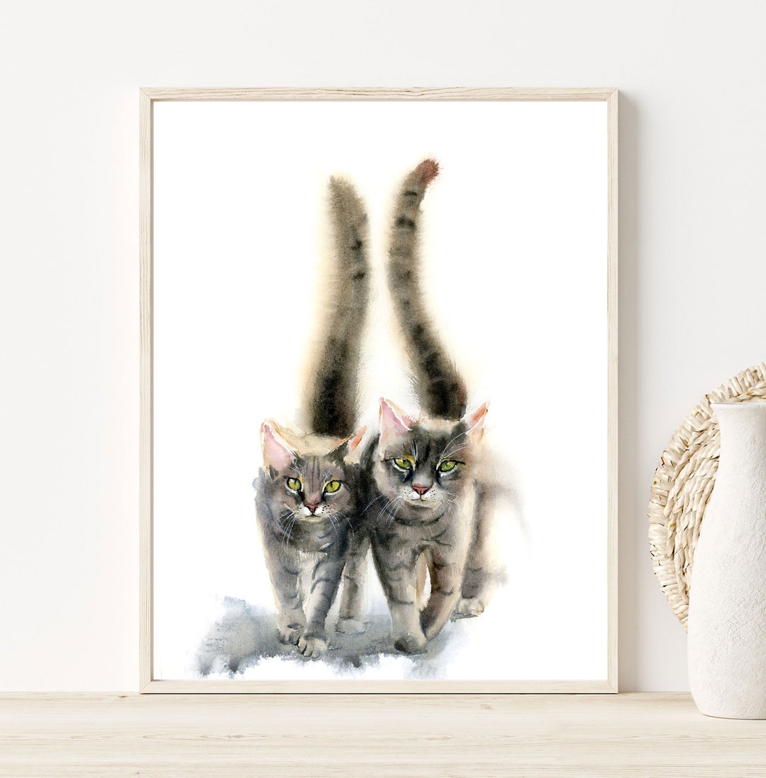 Two Cats Art Print, Animal Watercolor Painting Wall Art Decor, Tabby ...