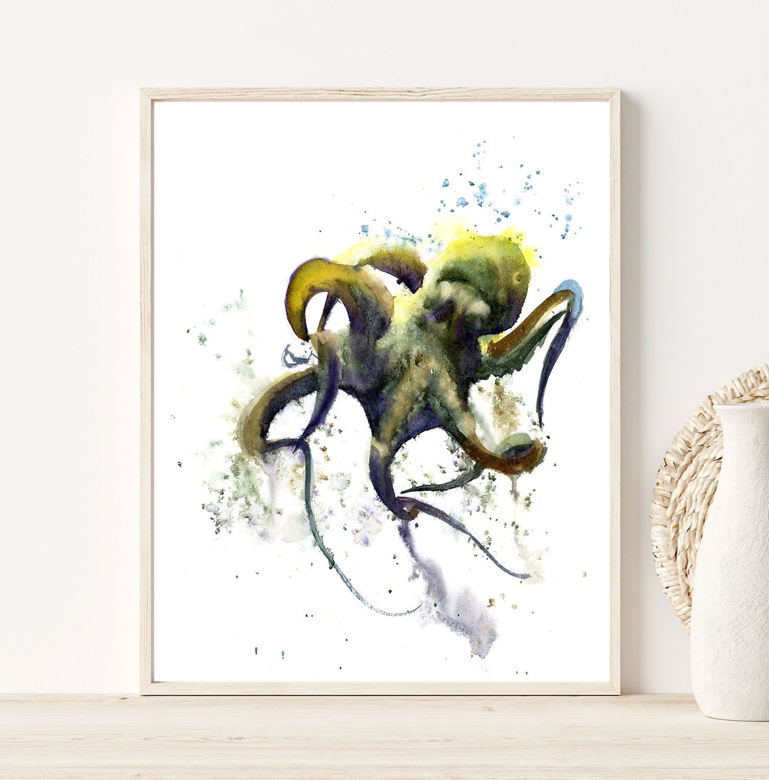Green Octopus Art Print Watercolor Painting, Sea Animal Bathroom Wall ...