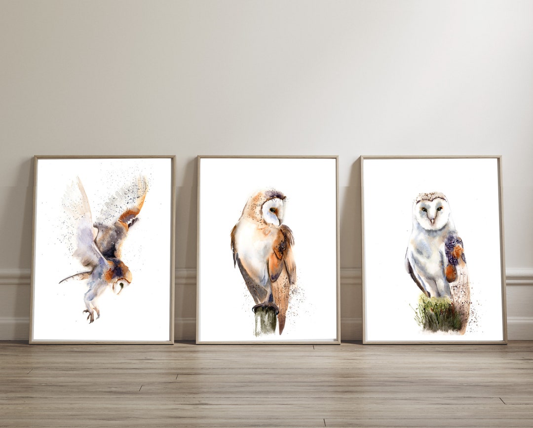 Set of 3 Owl Prints, Wildlife Triptych Wall Art, Original Watercolor ...