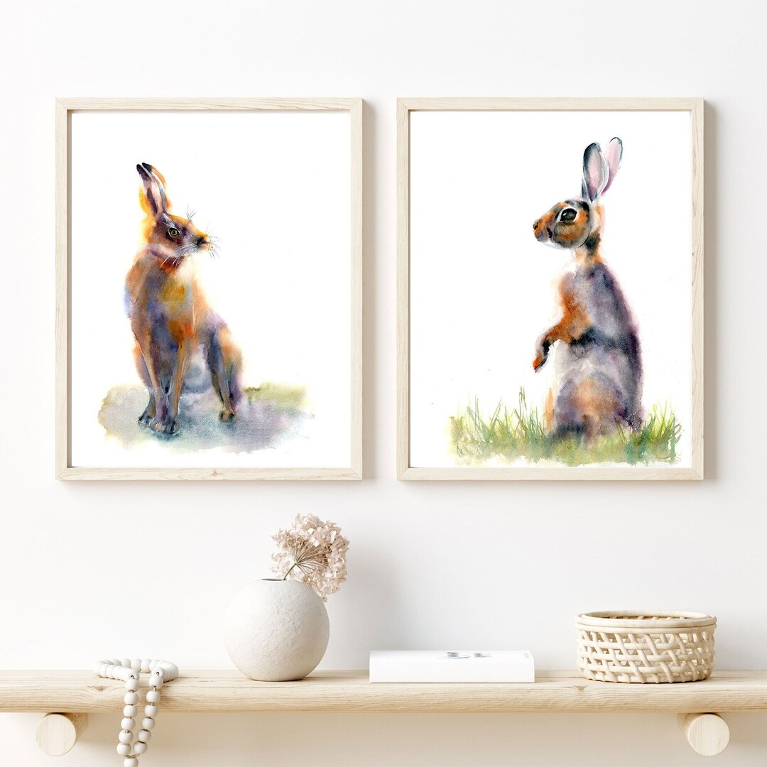Rabbit Art Prints Set of 2 Watercolor Paintings, Nursery Wall Decor ...