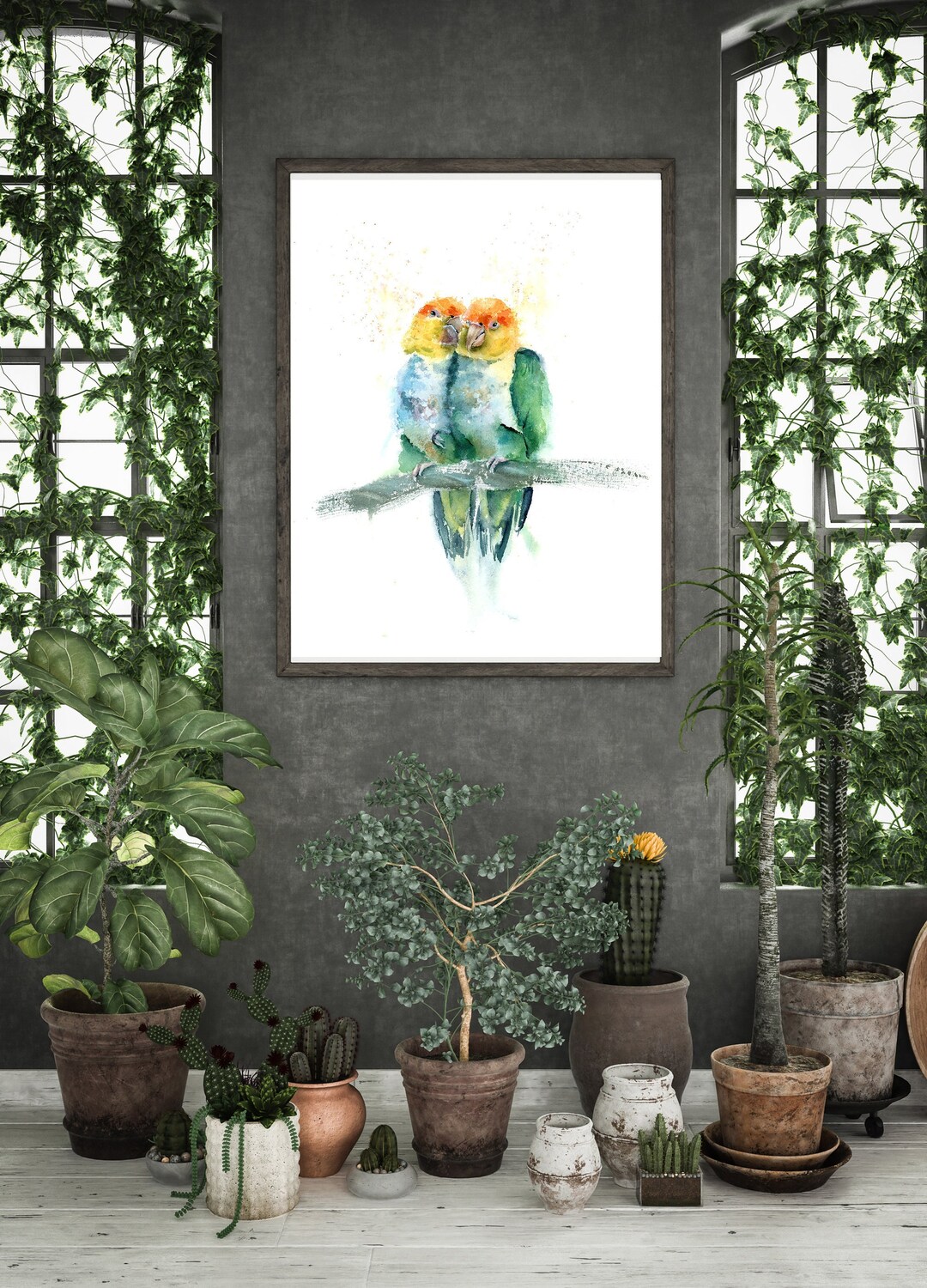 Parrots Art Print, Watercolor Love Birds Painting, Green Tropical Bird ...