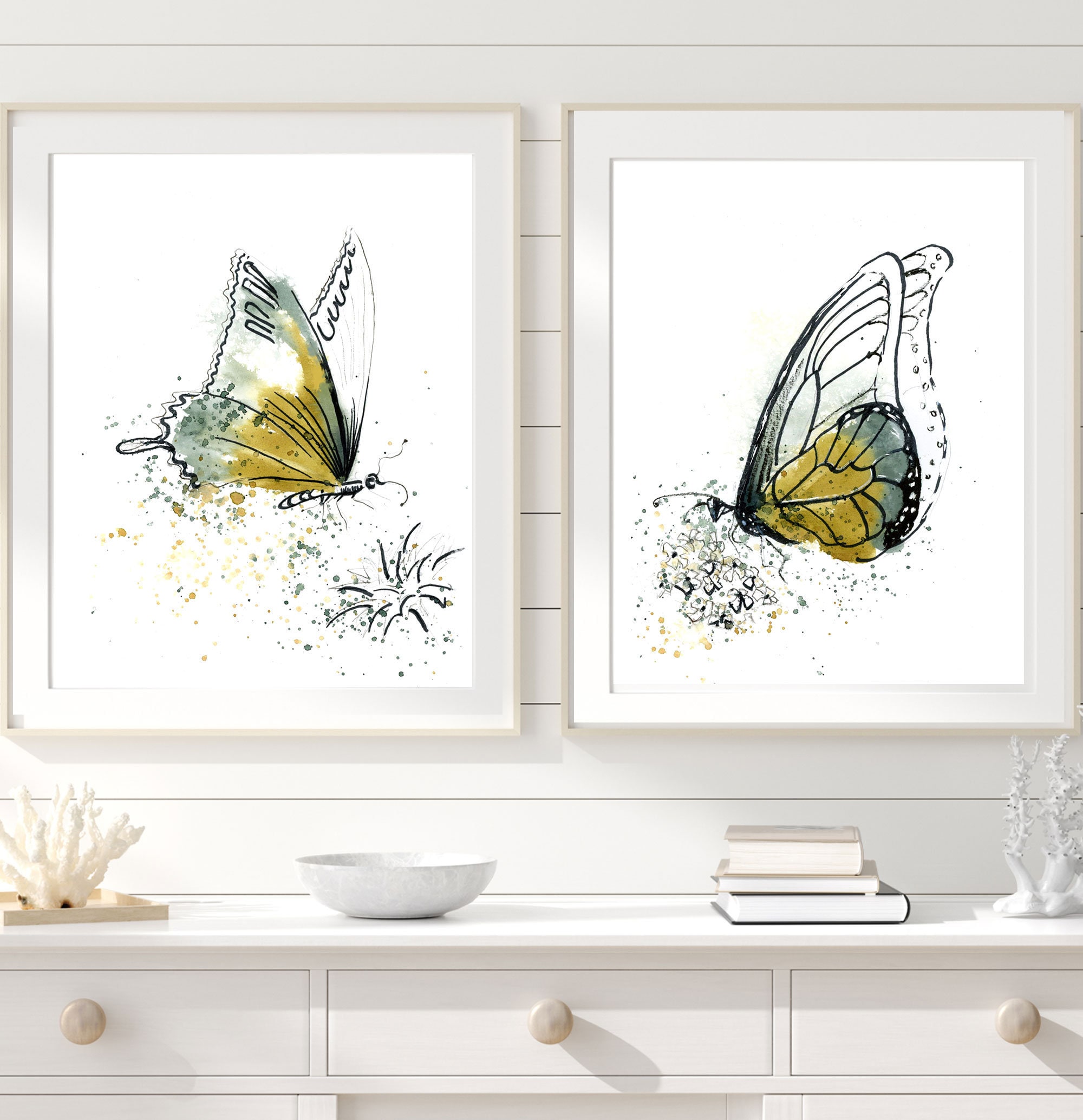 Set of 2 Butterfly Fine Art Print Mustard Green Gray Abstract | Etsy