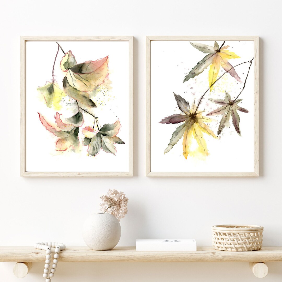 Cozy Fall Prints Leaves Art, Autumn Leaf Wall Art Set of 2 Watercolor ...