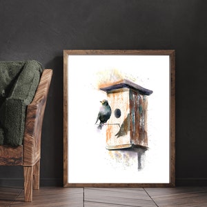 Starling Art Print, Birdhouse Watercolor Painting Wall Art Decor, Bird ...