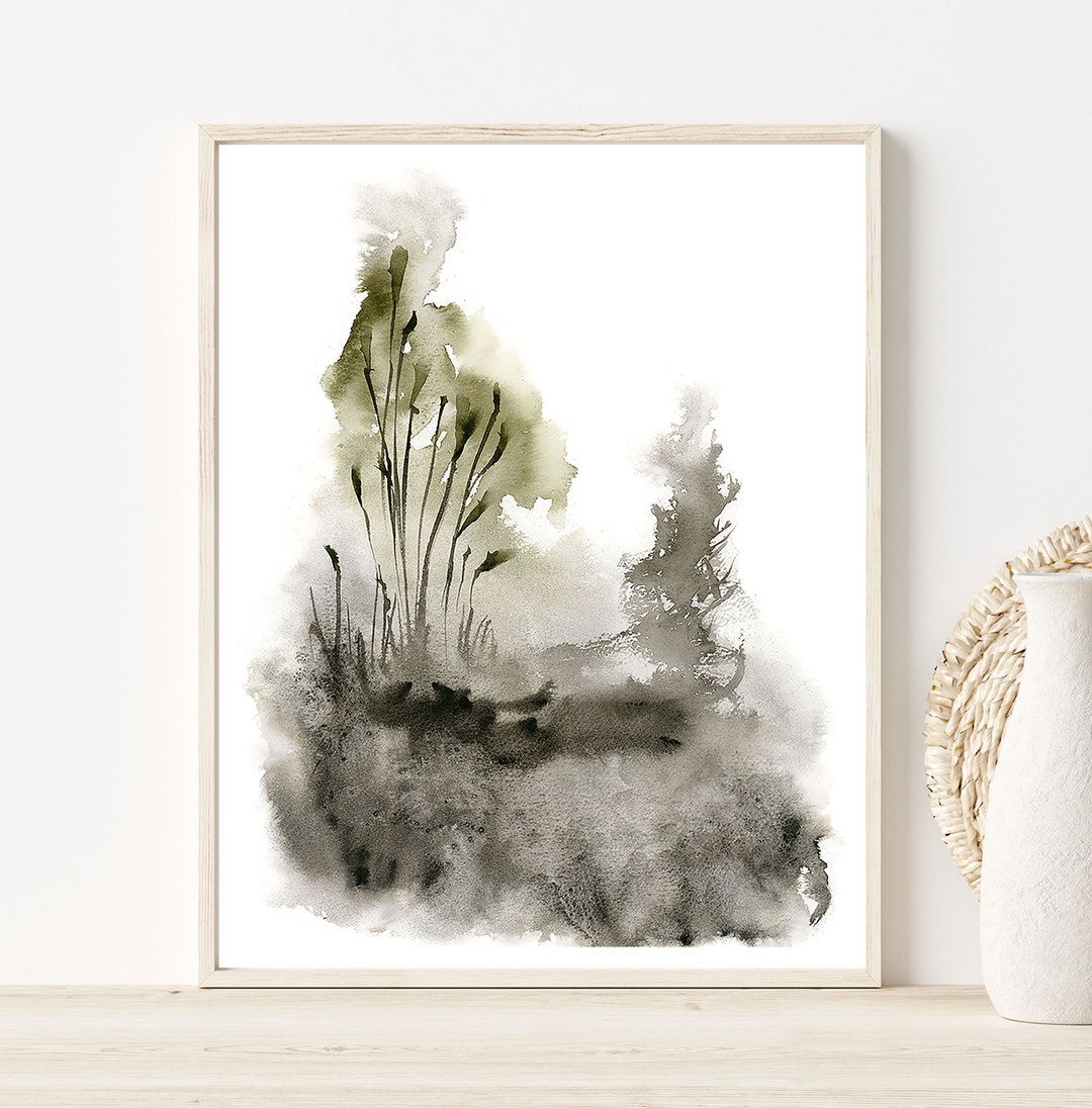Sepia Wall Art Print, Forest Abstract Landscape Watercolor Painting ...