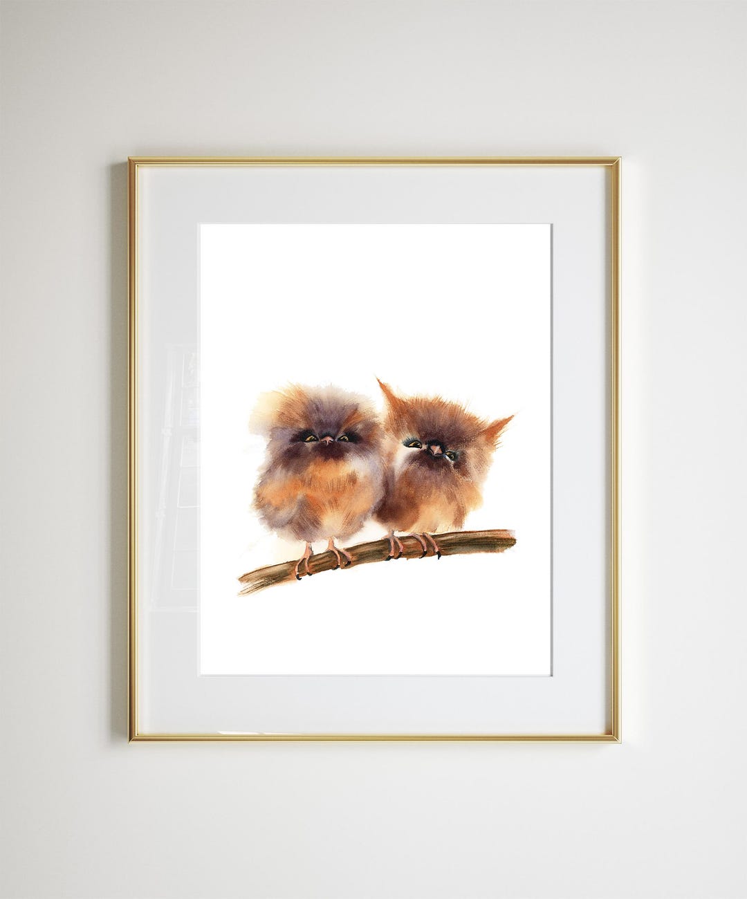 Cute Brown Baby Owl Art Print - Watercolor Pair of Birds Wall Decor for ...