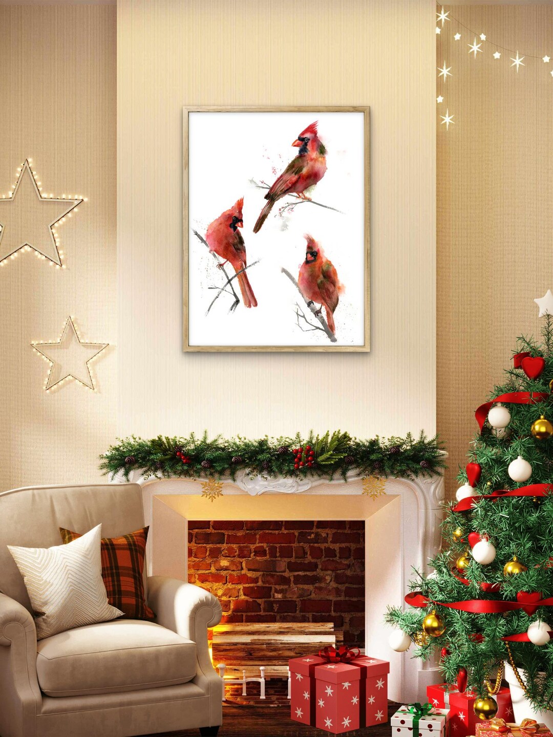 Three Cardinals Watercolor Art Print: Wildlife Birds Wall Decor - Etsy