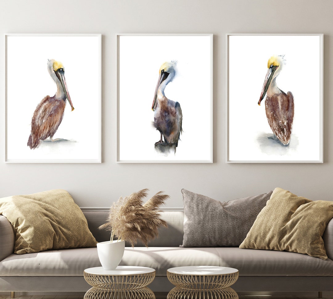 Pelican Print Set of 3 Wall Art, Pelican Watercolor Paintings, Birds ...