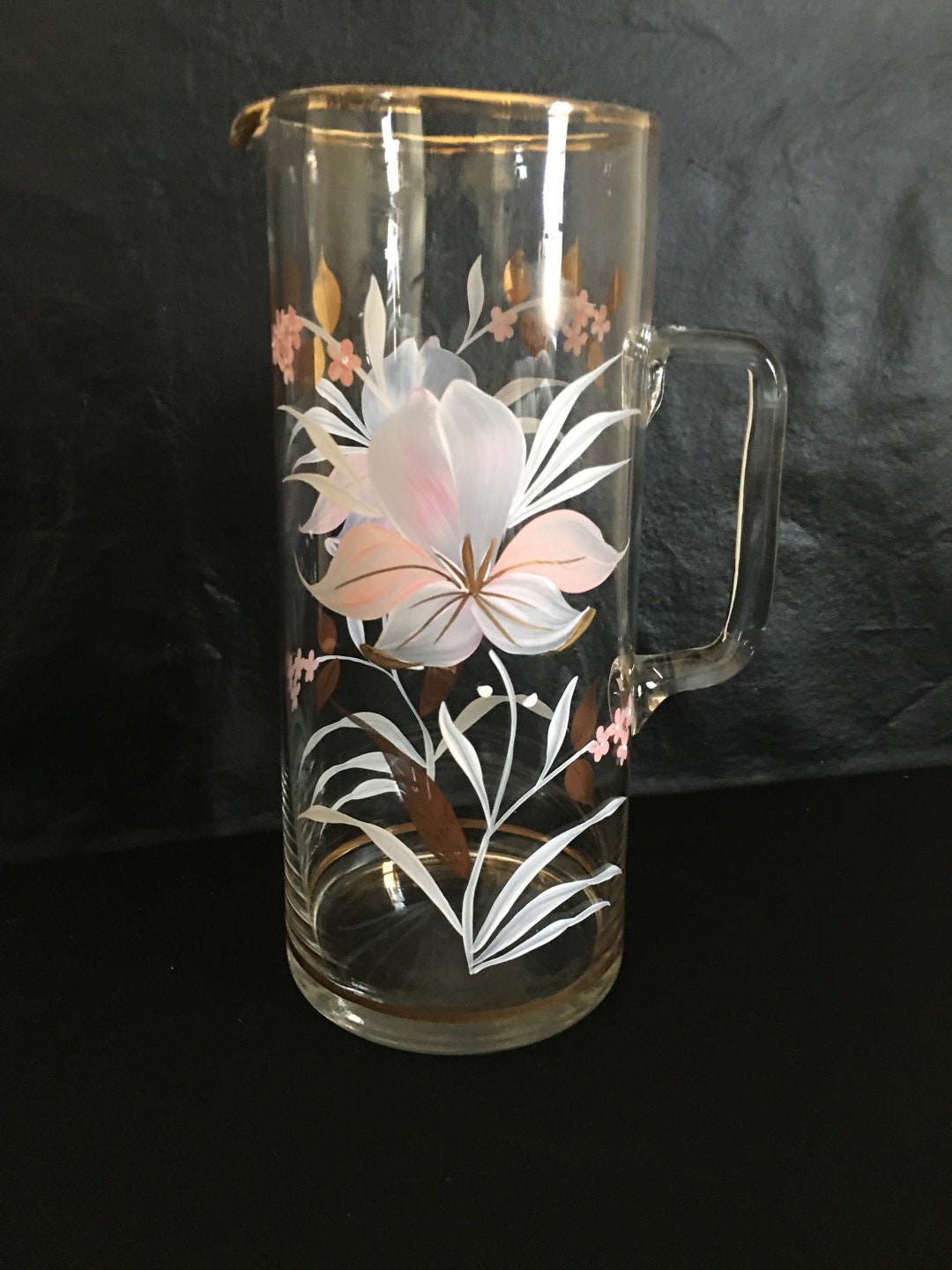 Vintage Large Pitcher Floral Flower Painted Gold Trim - Etsy