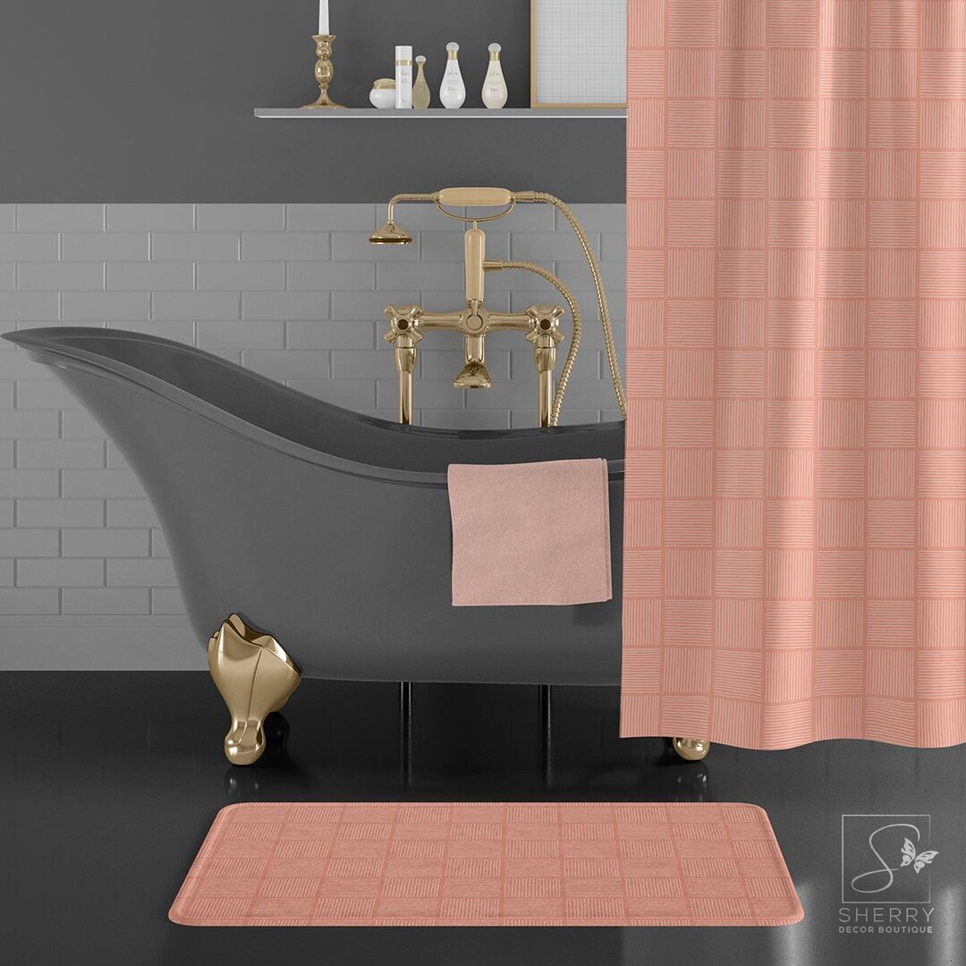 Peach Lines Bath Mat - Pastel Orange Bathroom, Geometric Peach Bathroom ...