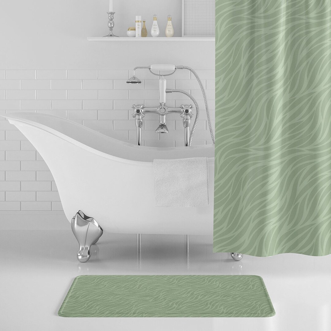 Sage Green Bath Mat, Watercress Waves Pattern, Non-slip Memory Foam ...