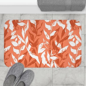 Coral Leaves Bathmat, Light Orange Monochrome Floral Bathroom Decor ...