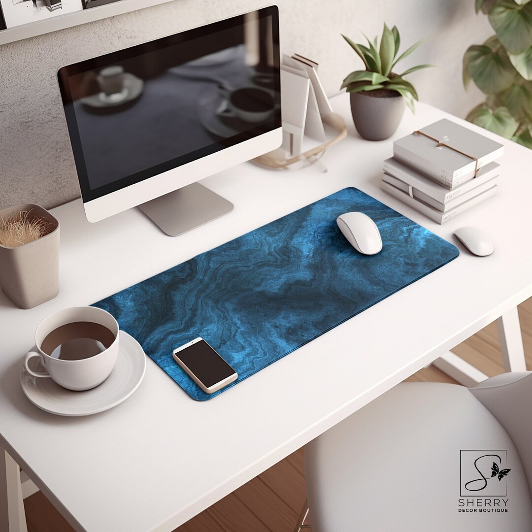 Sapphire Marble Desk Mat, Blue Marble Desk Pad, Desk Accessory, Marble ...