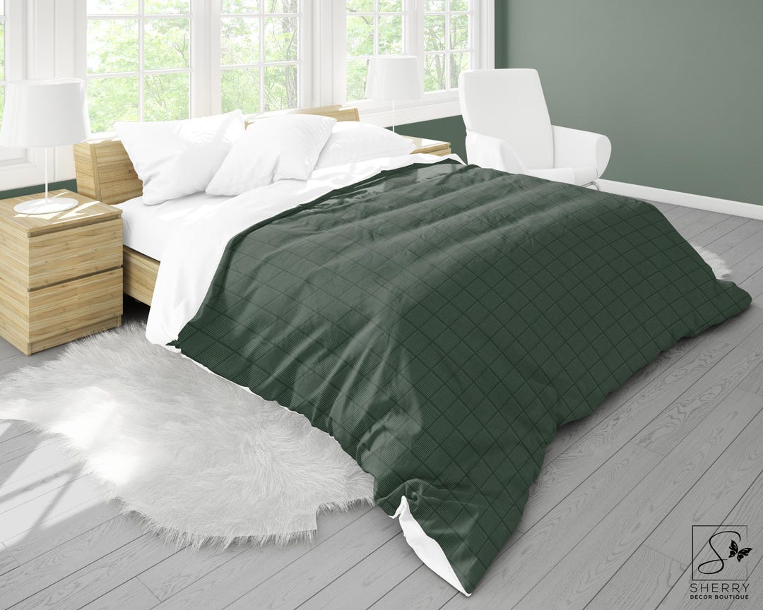Forest Green Lines Duvet Cover, Dark Green Bedding, Modern Minimalistic ...