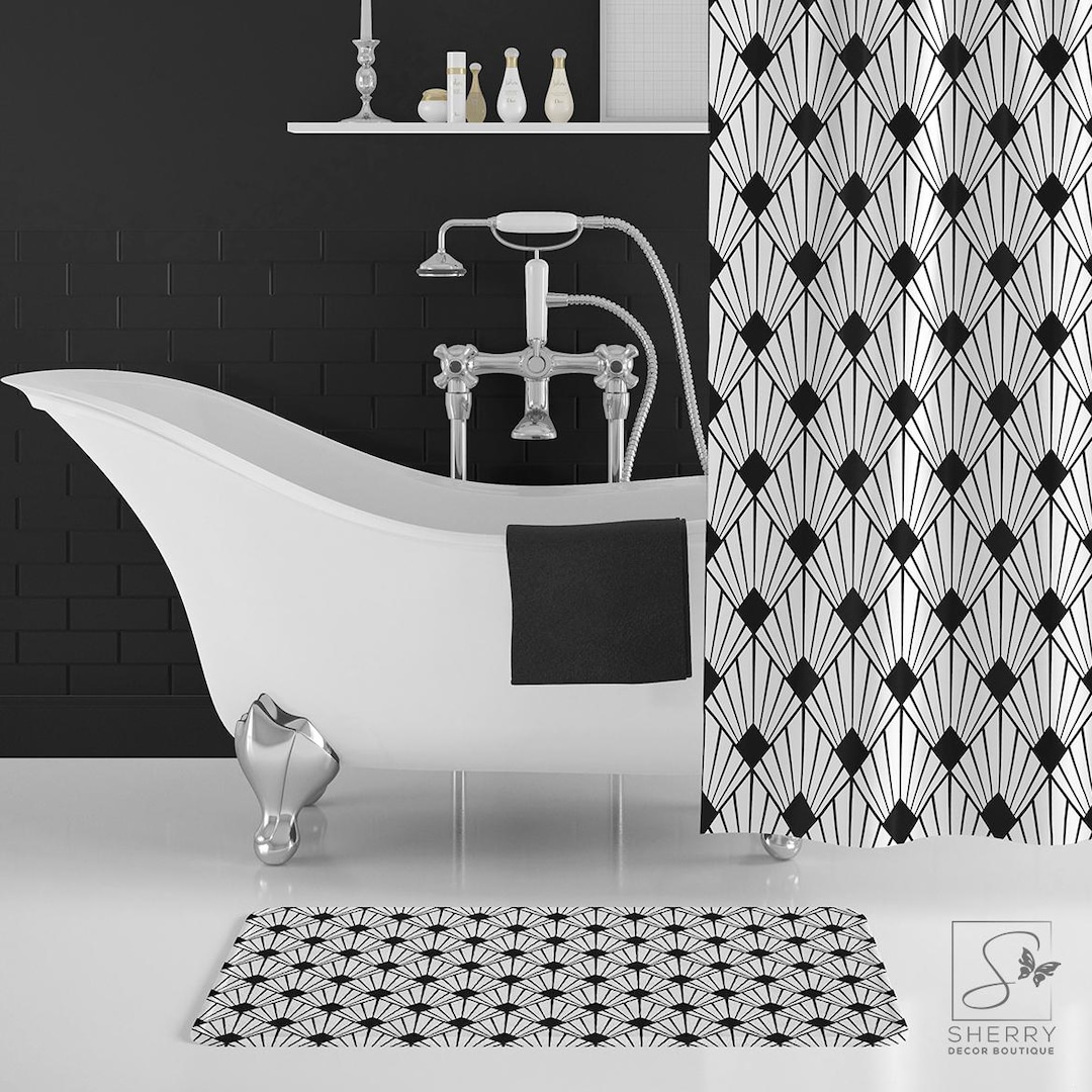 Art Deco Bath Mat: Black & White Geometric Microfiber, Non-slip - Etsy