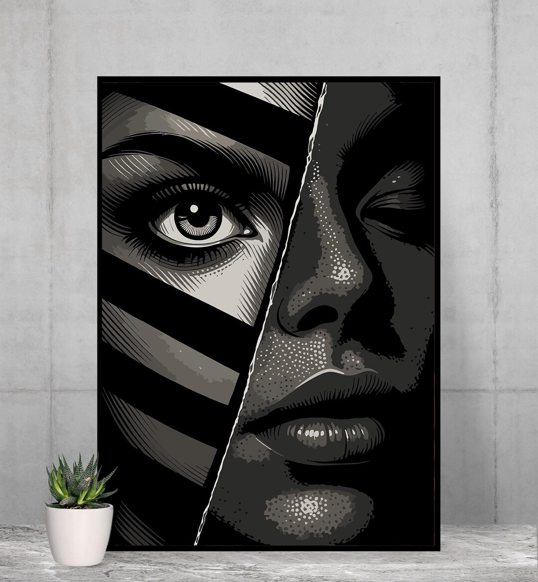 Split Face Optical Illusion Art - Digital Wall Art Download, Black and ...