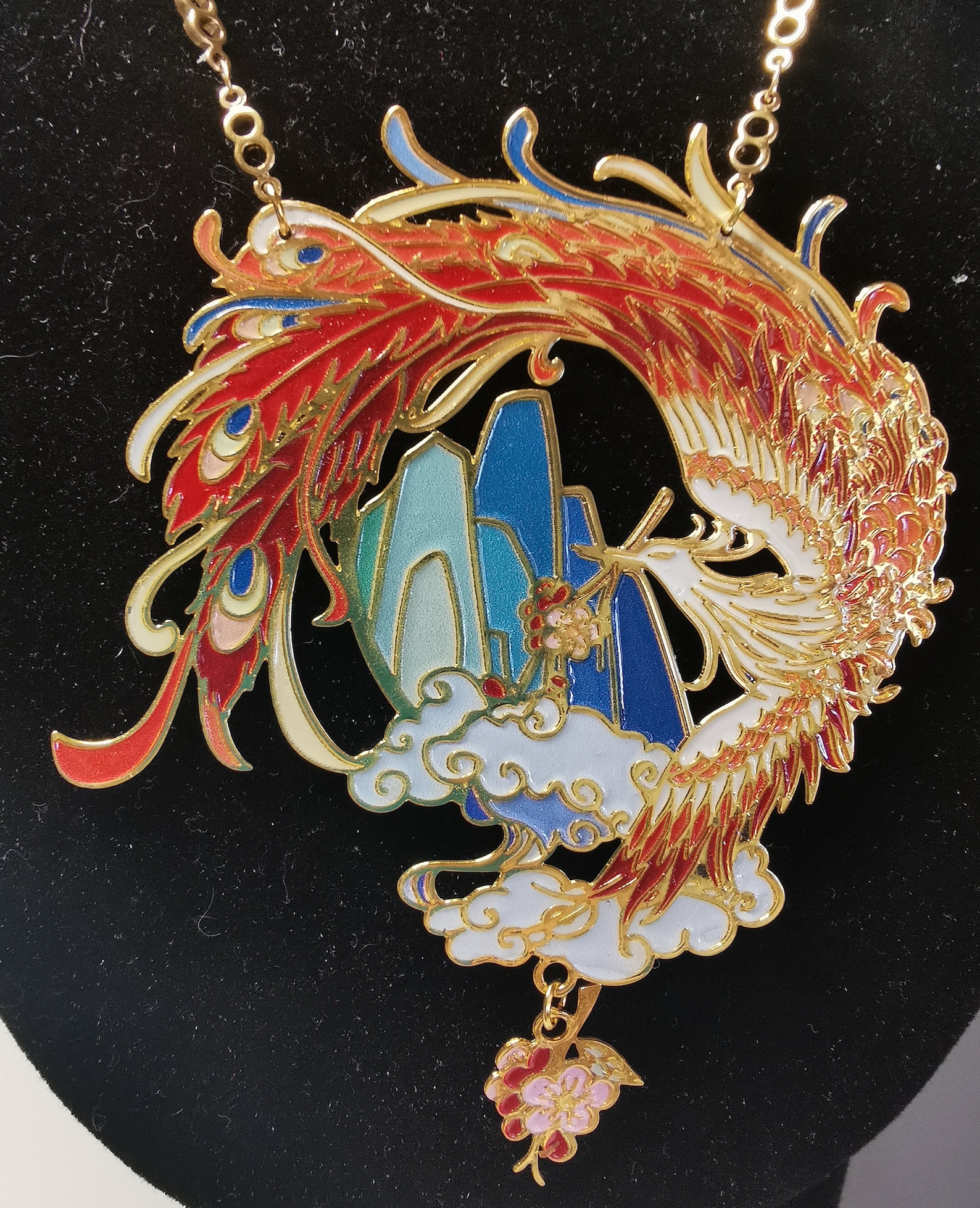 Collier Phénix en médaillon rouge ou bleu - Etsy France