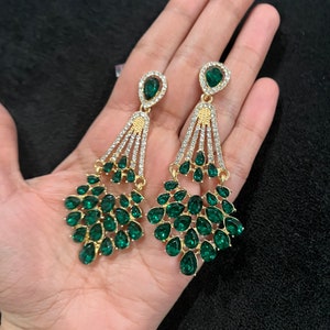 Green Crystal Earrings , Large Green Earrings , Green and Gold Tone ...