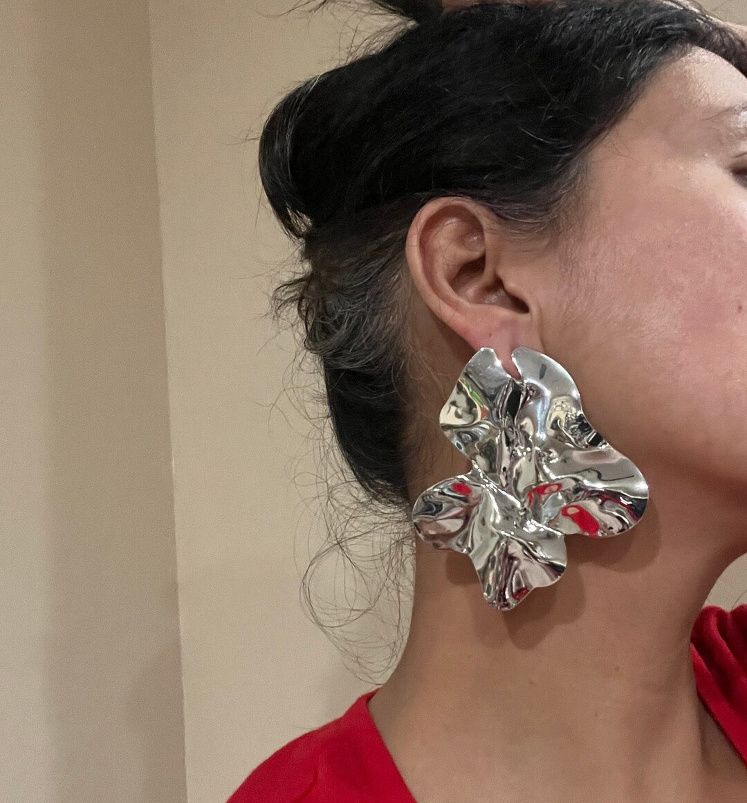 Big Silver Stud Earrings ,huge Silver Statement Bold Studs Large , Silver Abstract Petal ...