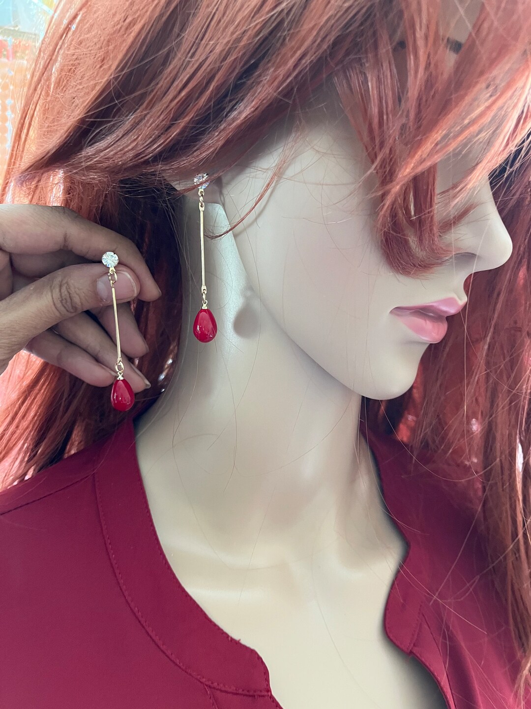Red Drop Earrings , Red Gold Earrings ,gold Red Teardrop Earrings , Red ...