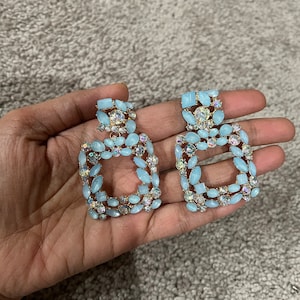 Blue Rhinestone Earrings , Big Baby Blue Earrings , Light Blue ...