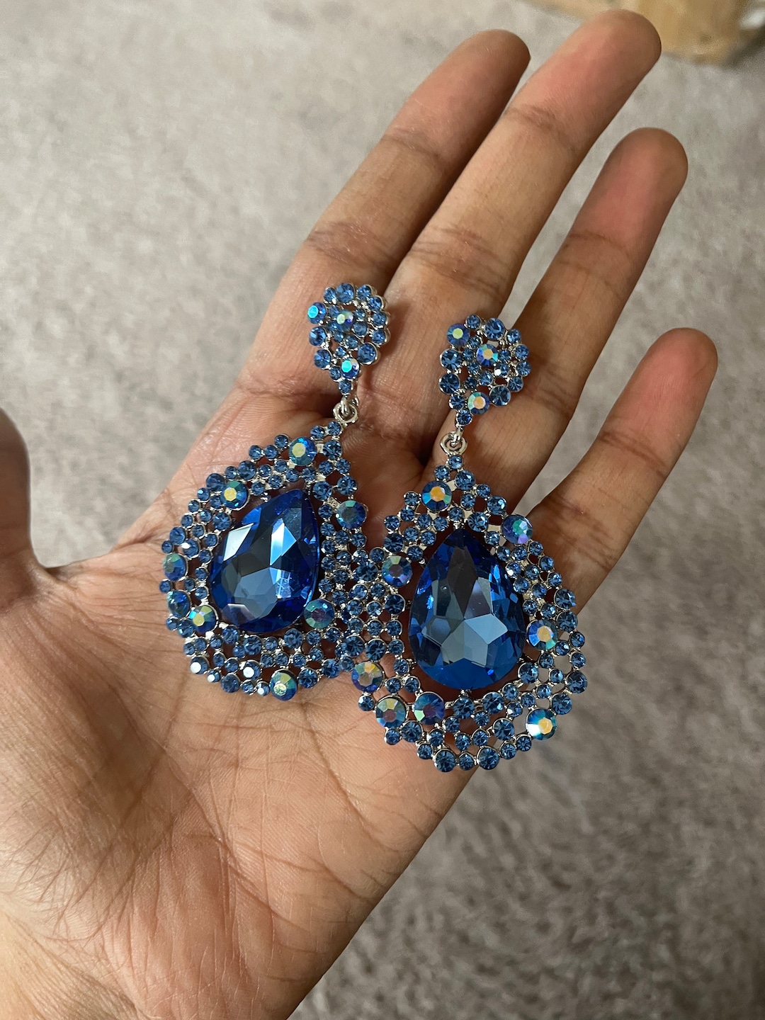 Blue Rhinestone Earrings , Big Baby Blue Earrings , Light Blue ...