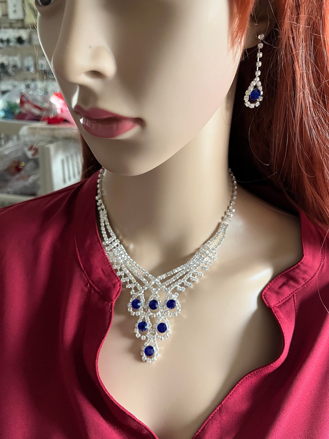 Royal Blue Necklace Set , Blue Rhinestone Necklace and Earring Set ...