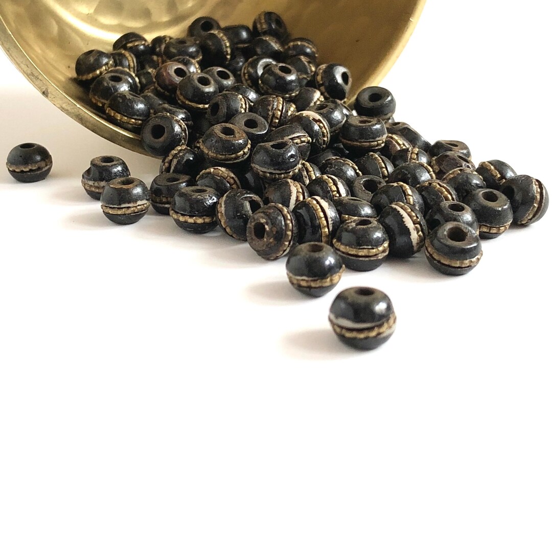 INLAID BONE BEADS 8mm Vintage Black Yak Bone Beads Inlaid With Antique ...