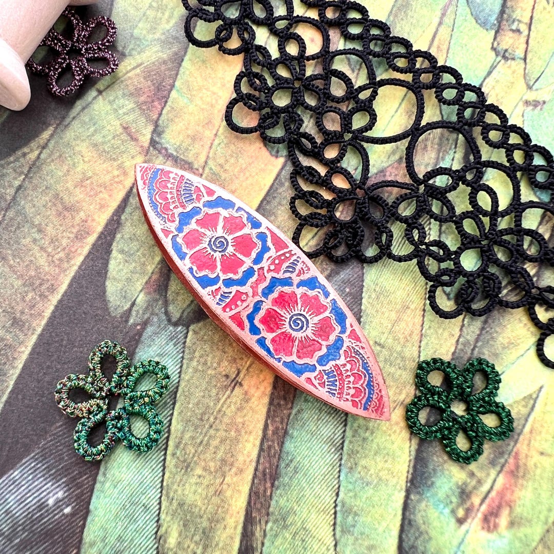 Tatting Shuttle Copper With Flower Motives in Blue and Red, Metal ...