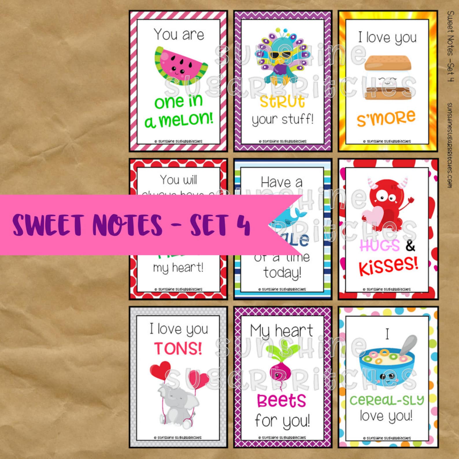 Sweet Notes Set 4 Lunchbox Notes 9 Designs 6 Blank PRINTABLE Lunch Box ...