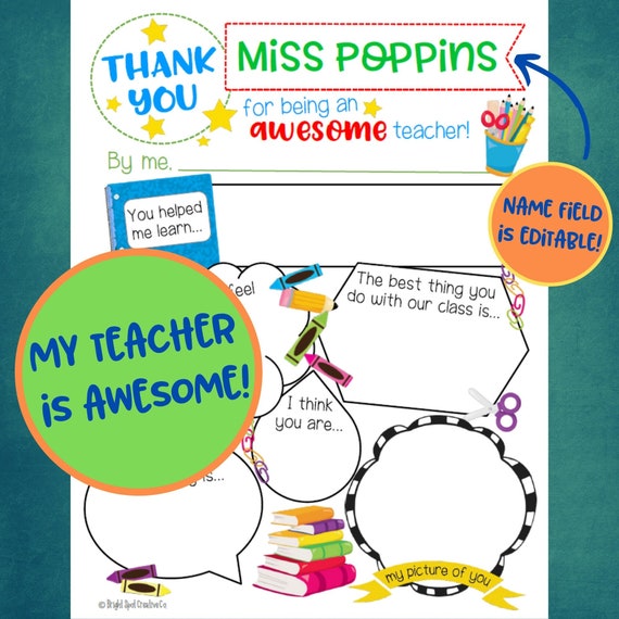 My Teacher is Awesome EDITABLE Teacher Appreciation Printable - Etsy