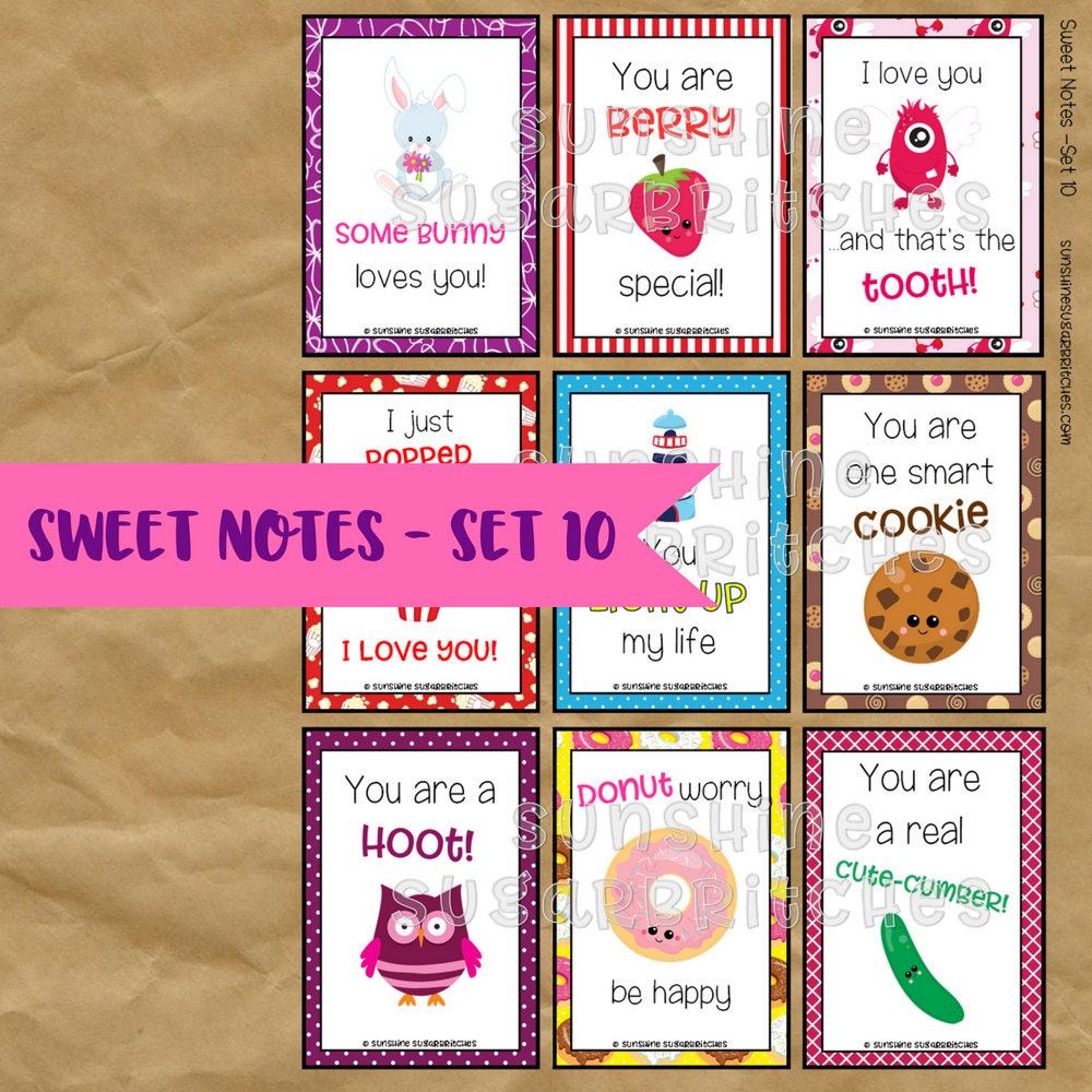 Sweet Notes Set 10 Lunchbox Notes 9 Designs 6 Blank PRINTABLE Lunch Box ...