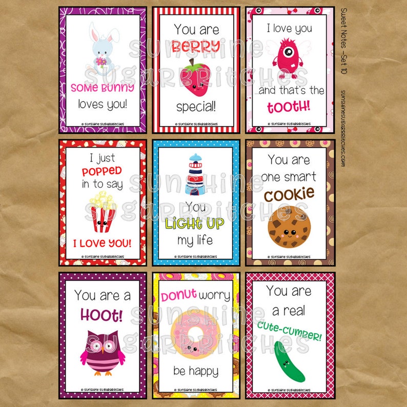 Sweet Notes Set 10 Lunchbox Notes 9 Designs 6 Blank PRINTABLE Lunch Box ...