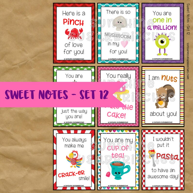 Sweet Notes Set 12 Lunchbox Notes 9 Designs 6 Blank PRINTABLE Lunch Box ...