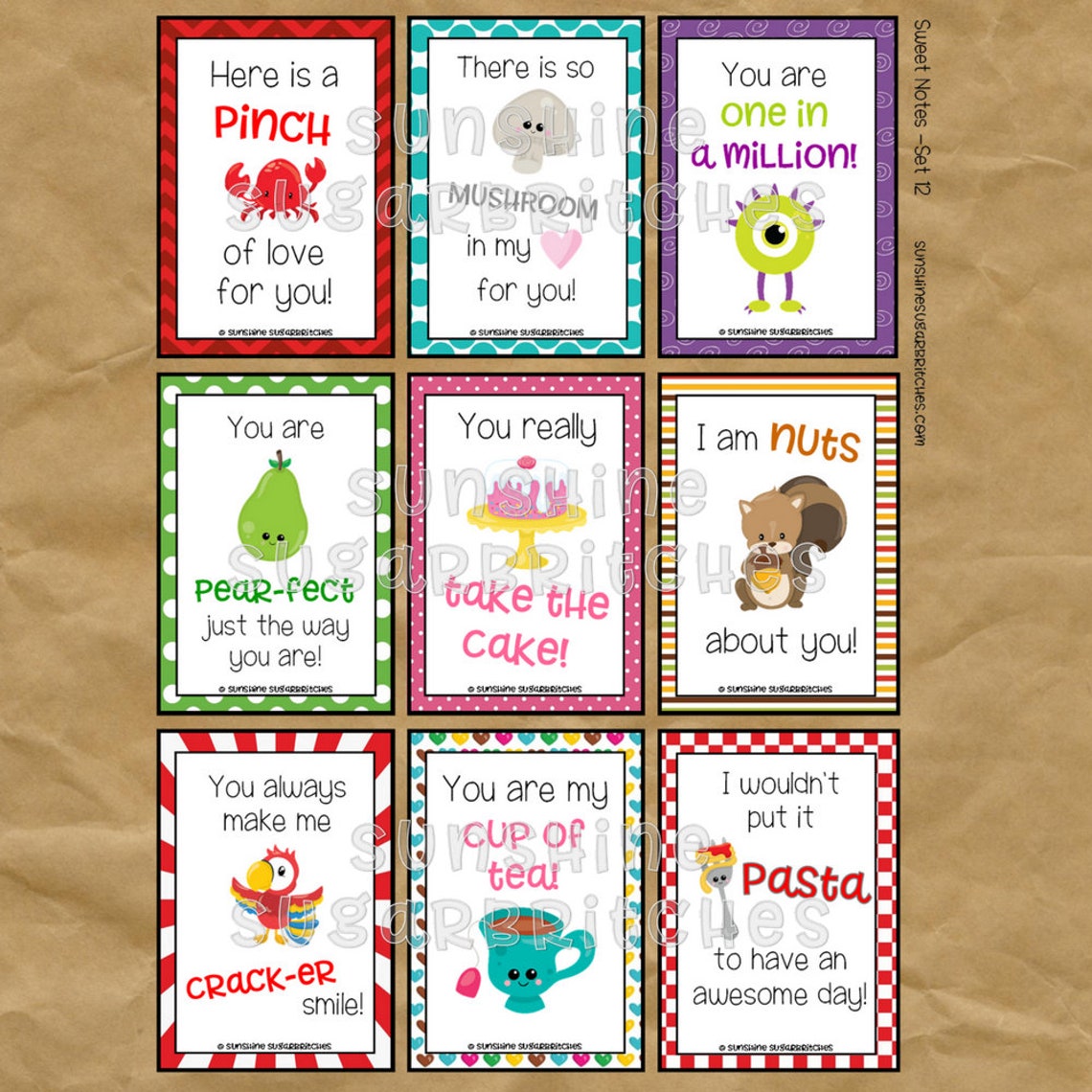 Sweet Notes Set 12 Lunchbox Notes 9 Designs 6 Blank PRINTABLE Lunch Box ...