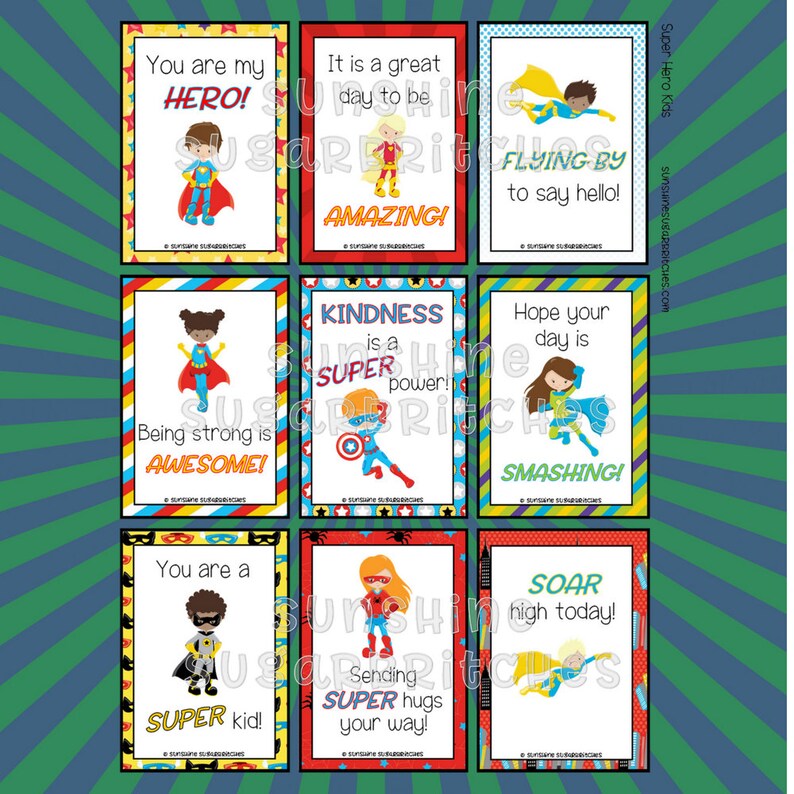 Super Hero Lunchbox Notes 9 Designs 6 Blank PRINTABLE Lunch Box Note ...
