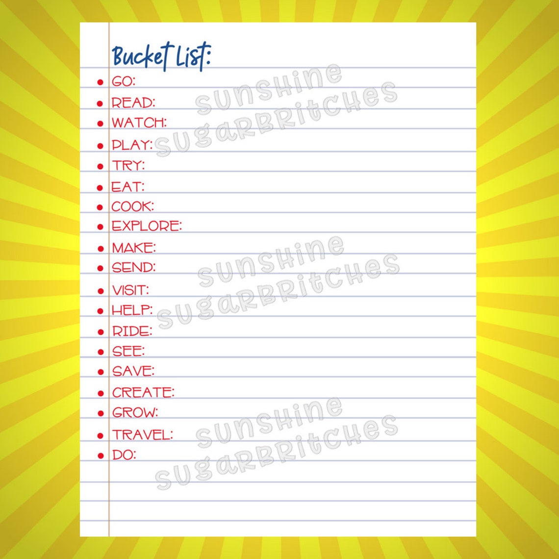 Bucket List Fill in Editable PRINTABLE Goals INSTANT DOWNLOAD General ...