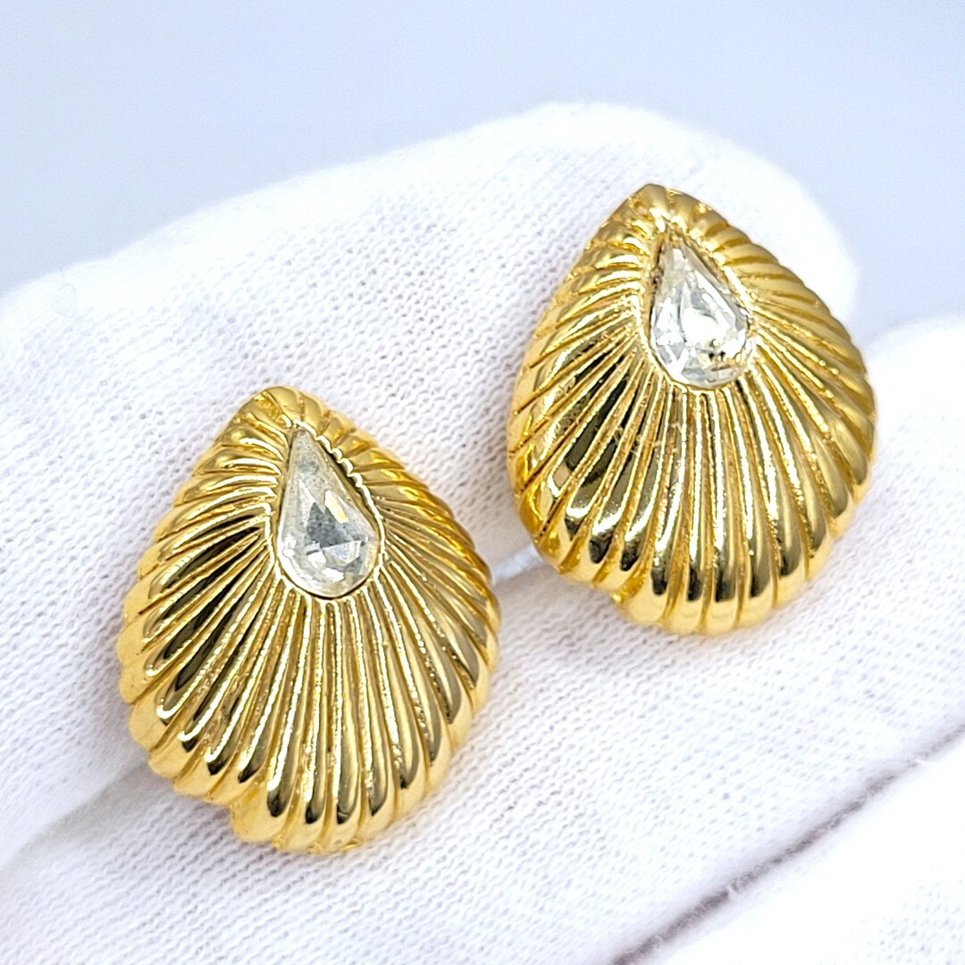 Polished Gold Tone Seashell Clip on Earrings With Clear Teardrop ...