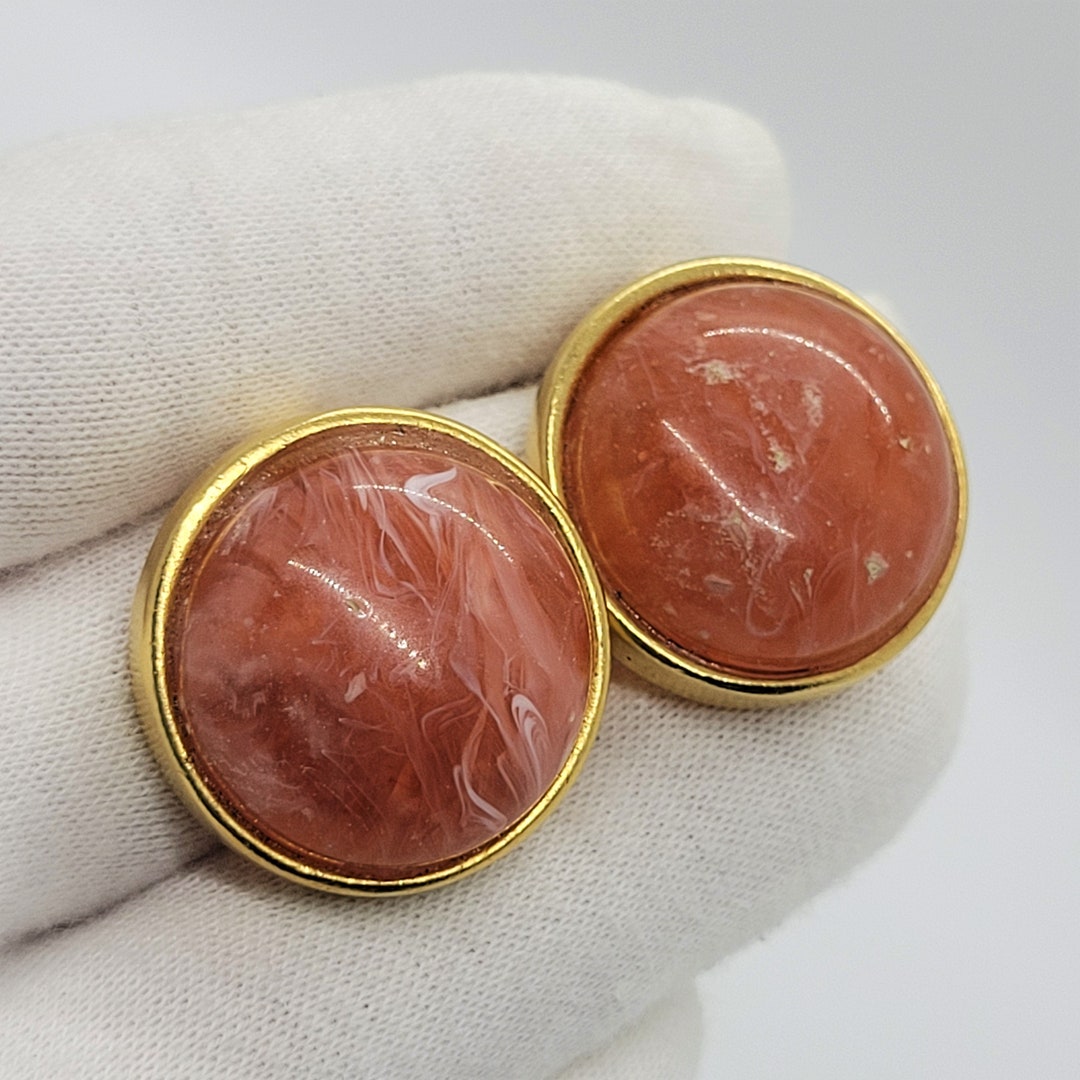 LES BERNARD Signed Dome Button Clip on Earrings Marbled Pink Round ...