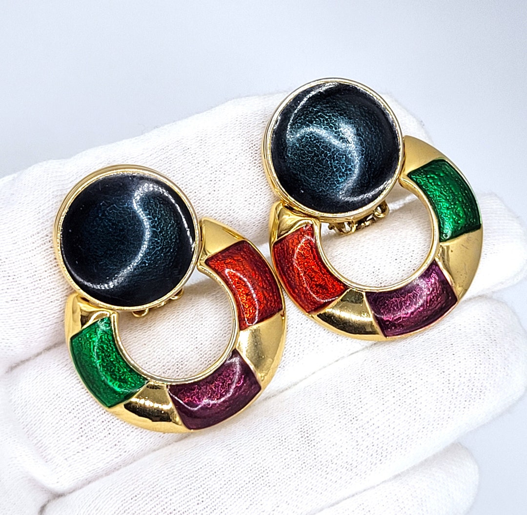 Vintage Gold Tone Red Green Purple Enamel Door Knocker Clip on Earrings ...