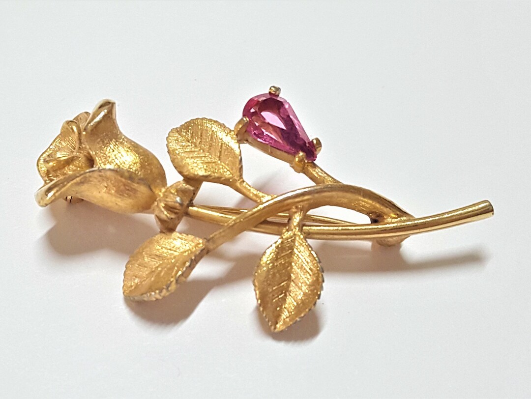 Vintage AVON Rose Gold Brooch With Pink Teardrop Rhinestone Mom Gift ...